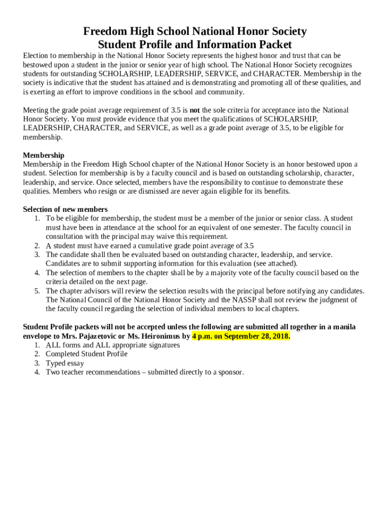 Freedom High School National Honor Society Student Profile ... Doc ...