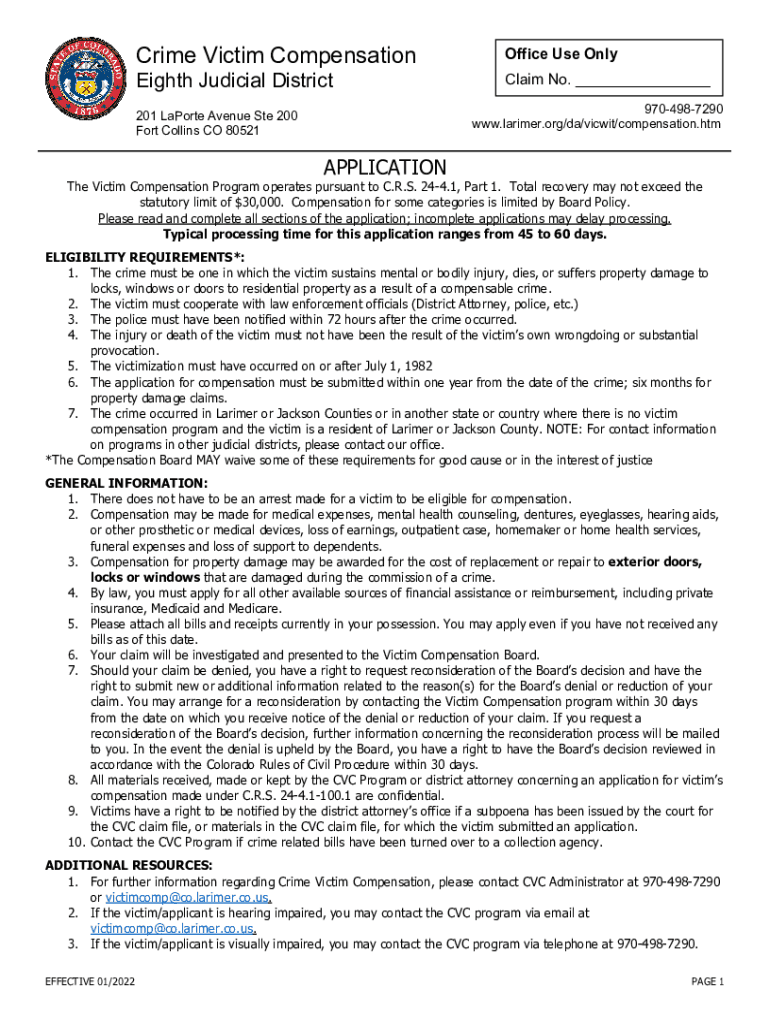 Fillable Online VICTIM COMPENSATION APPLICATION - Larimer County Fax ...