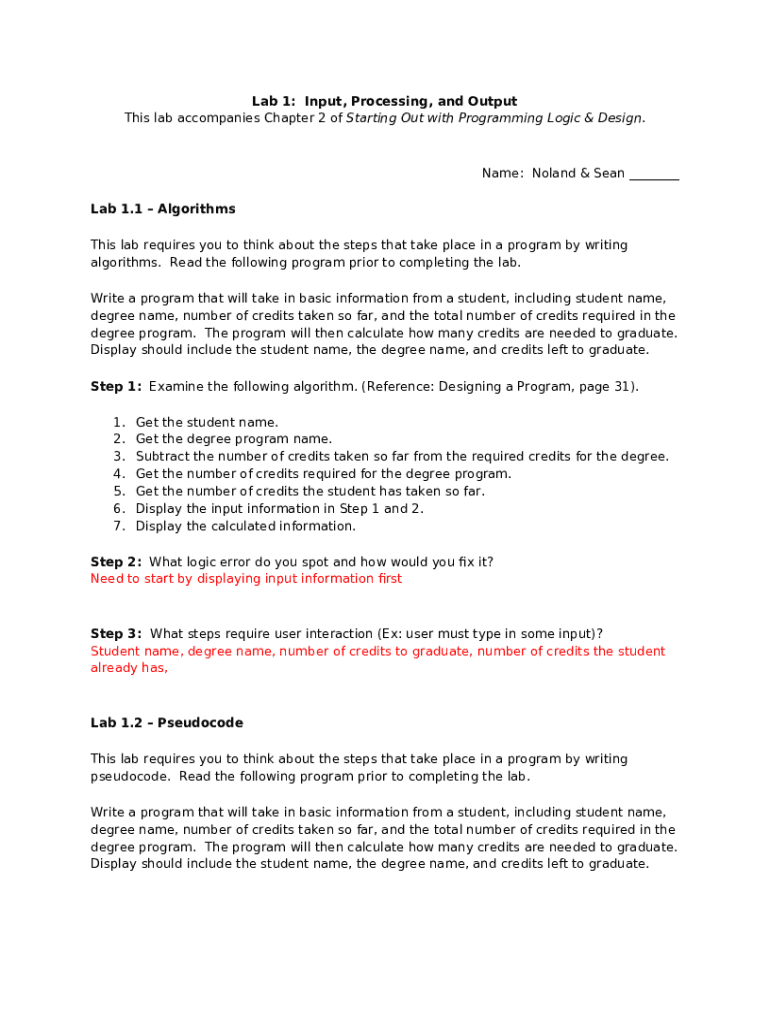 Lab 1 Input Processing And Output Programming Logic And Doc Template Pdffiller 6220
