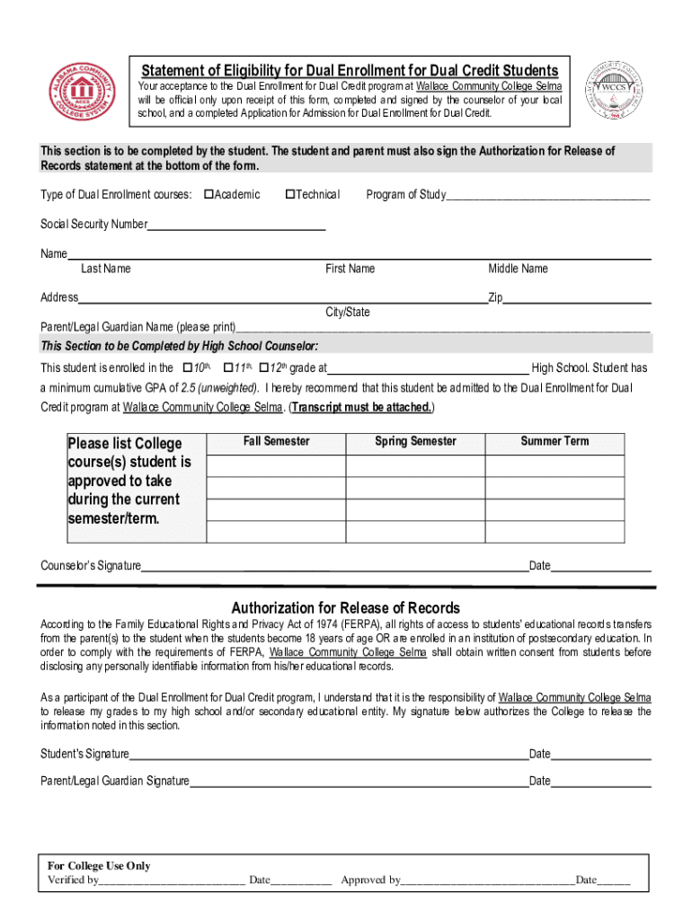 Fillable Online Dual Enrollment/Dual Credit for High School Students Fax Email Print - pdfFiller