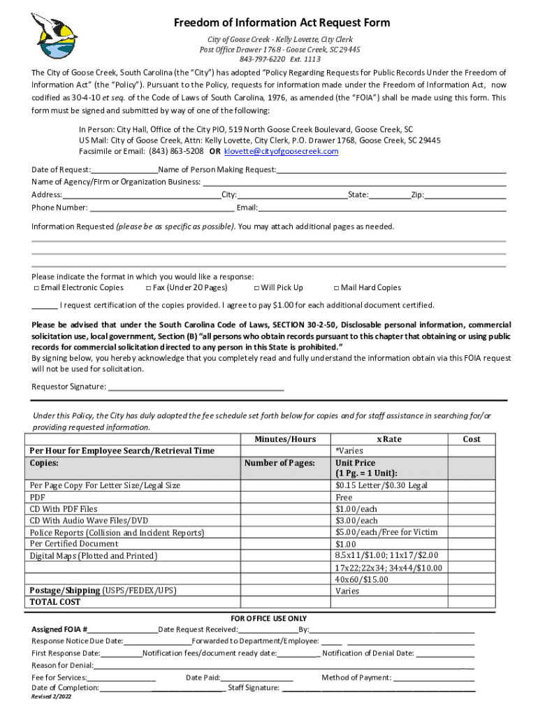 Fillable Online Freedom of Information Act Request Form - City of Goose ...