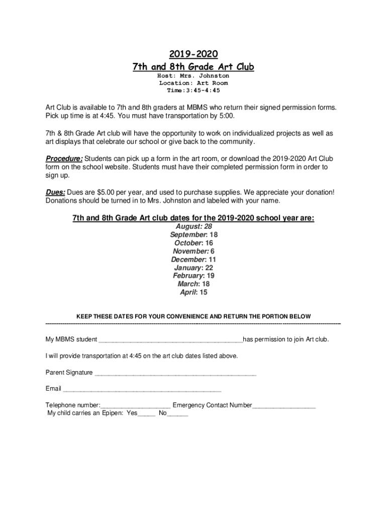 Fillable Online 7th and 8th Grade Art Club Fax Email Print - pdfFiller