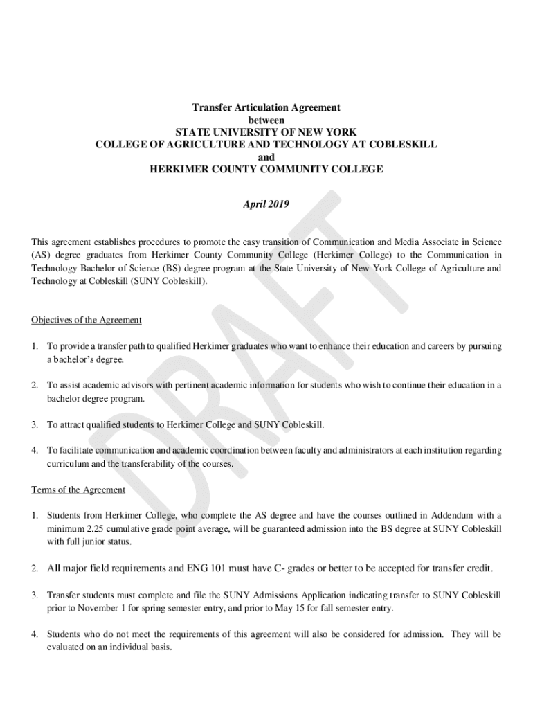 Fillable Online Transfer Articulation Agreement - Herkimer College Fax ...