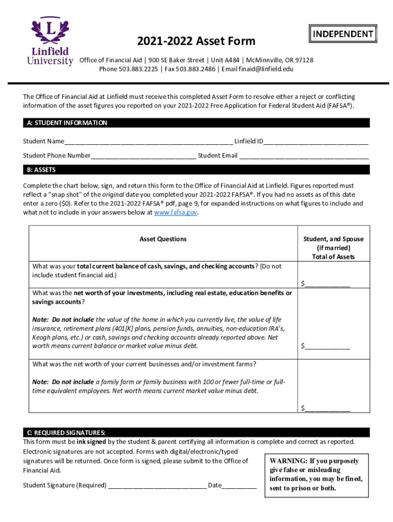 Fillable Online 2021-2022 Asset Form, independent Fax Email Print - pdfFiller
