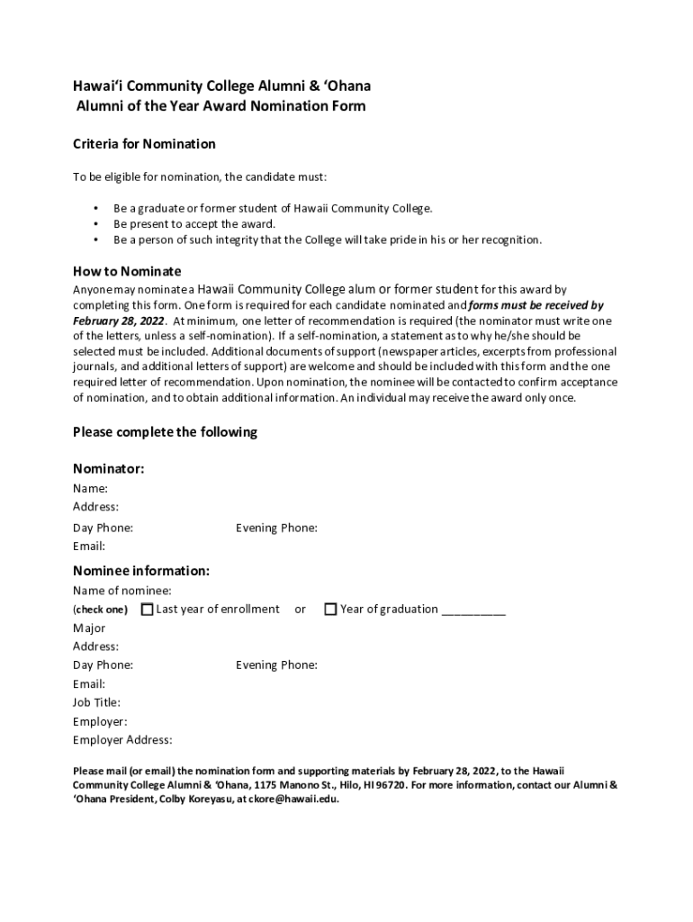 Fillable Online Alumni of the Year Award Nomination Fillable Form-HawCC-revised 10-2-18.docx Fax ...