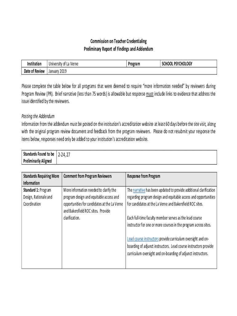 Fillable Online Commission on Teacher Credentialing Preliminary Report ...