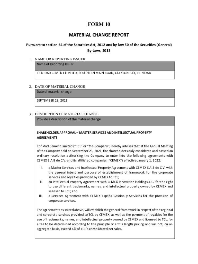 Fillable Online FORM 10 MATERIAL CHANGE REPORT - TTSEC Fax Email Print ...