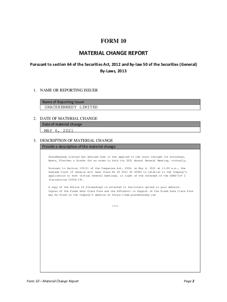 Fillable Online Form 10 Material Change Report Fax Email Print - pdfFiller