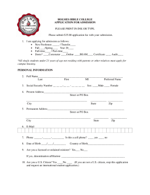Fillable Online HOLMES BIBLE COLLEGE APPLICATION FOR ... Fax Email ...