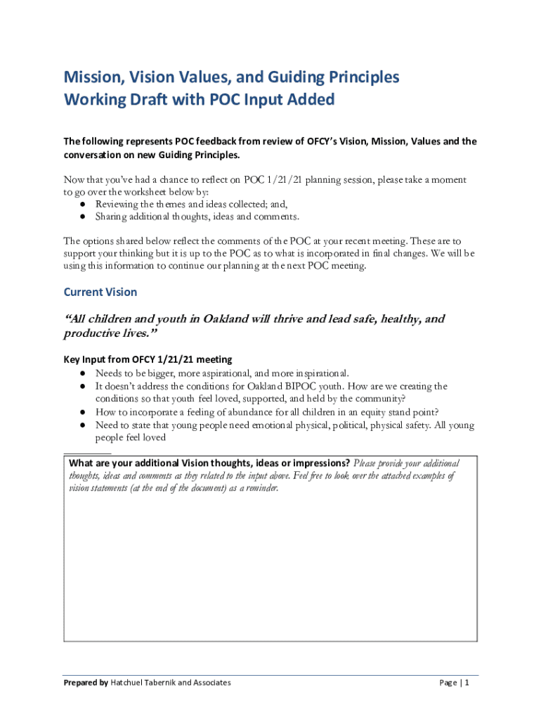 Fillable Online Mission, Vision, and Values Template and Examples Fax ...