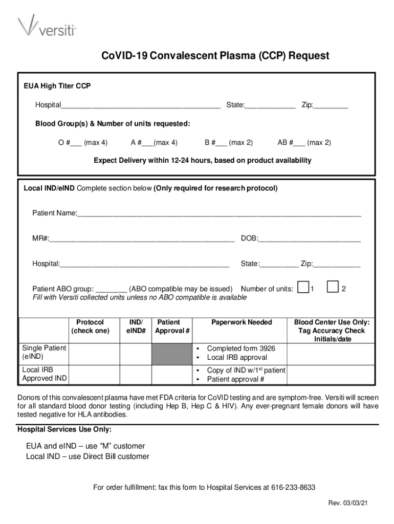 Fillable Online CoVID-19 Convalescent Plasma (CCP) Request Fax Email ...