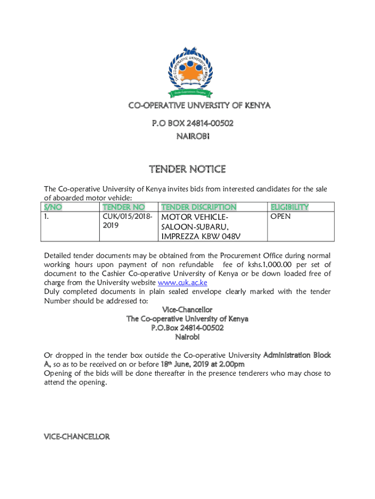 Fillable Online THE CO-OPERATIVE UNIVERSITY OF KENYA - TenderSoko Fax Email Print - pdfFiller