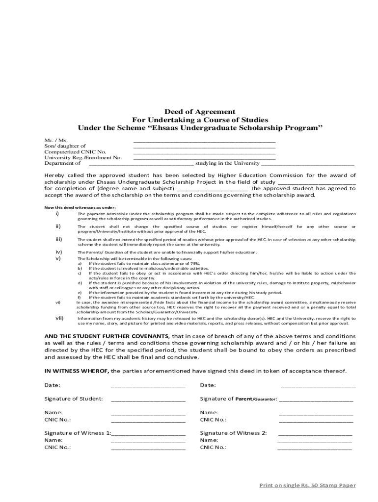 Fillable Online Deed of Agreement For Undertaking a Course of Studies ...
