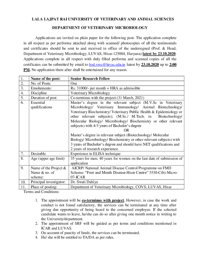 Fillable Online luvas edu LALA LAJPAT RAI UNIVERSITY OF VETERINARY AND ...