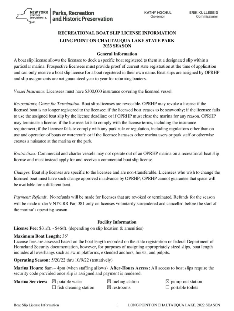 Fillable Online parks ny recreational boat slip license information ...