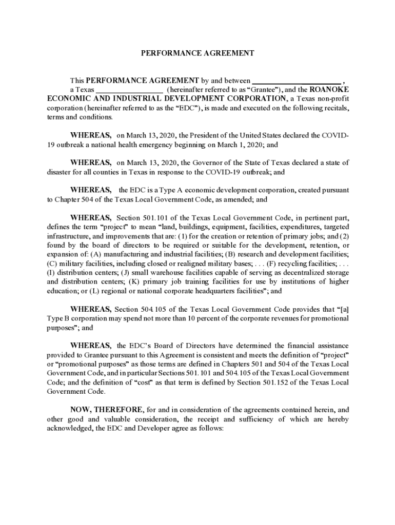 Fillable Online Roanoke - Type A EDC - Form - Performance Agreement ...