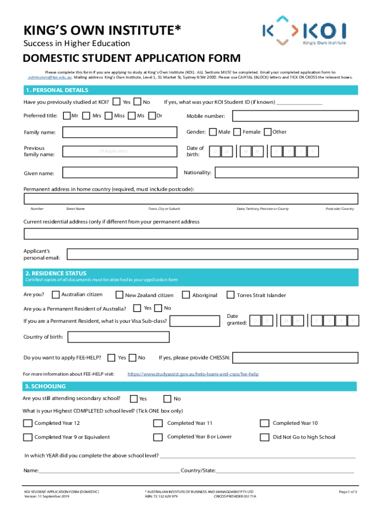 Fillable Online king's own institute* - domestic student application ...