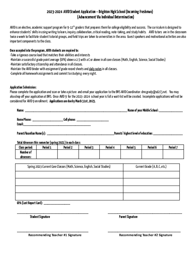 Fillable Online Student Application for the AVID Elective Class Fax ...