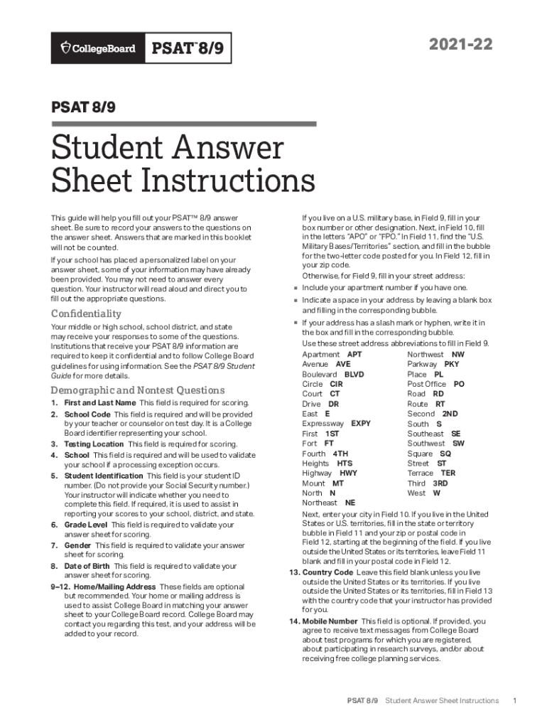 Fillable Online 2021-22 PSAT 8/9 Student Answer Sheet Instructions ...