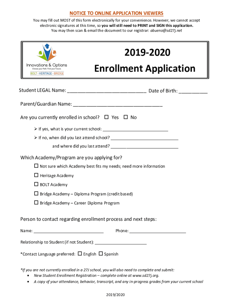 Fillable Online Enrollment Application 2019-2020 - 27J Home Fax Email ...