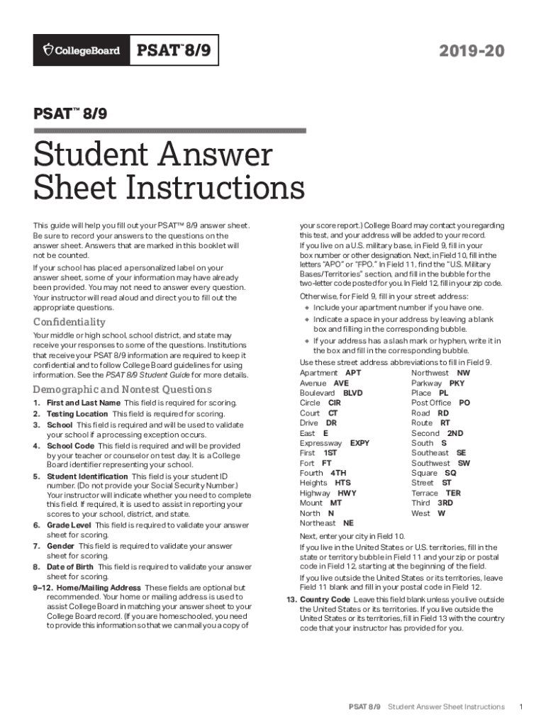Fillable Online 2019-20 PSAT 8/9 Student Answer Sheet Instructions - College Board Fax Email ...