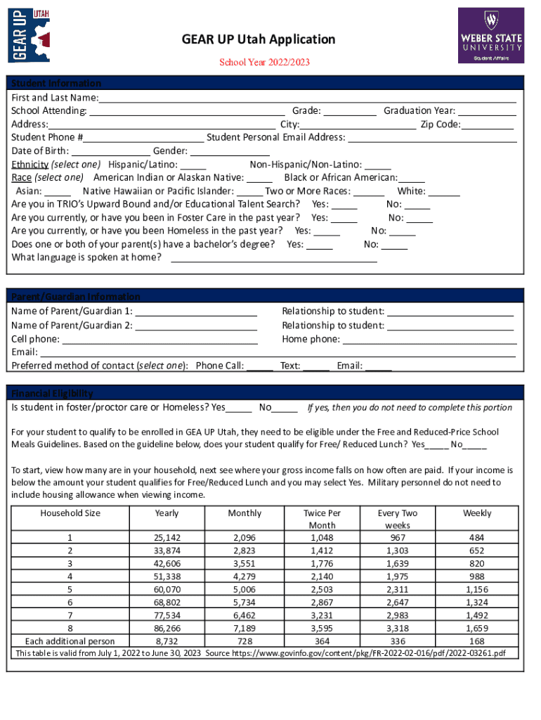 Fillable Online apps weber Utah's Statewide GEAR UP Education Program Application Fax Email ...