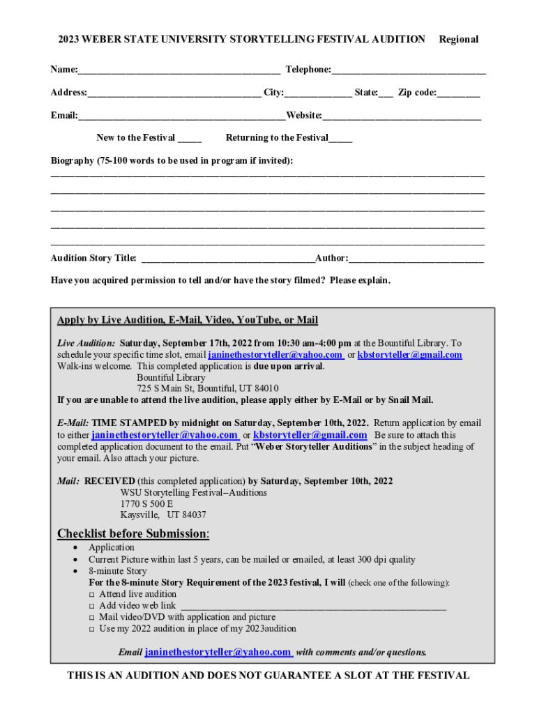 Fillable Online Weber State University Storytelling Festival Application Fax Email Print - pdfFiller
