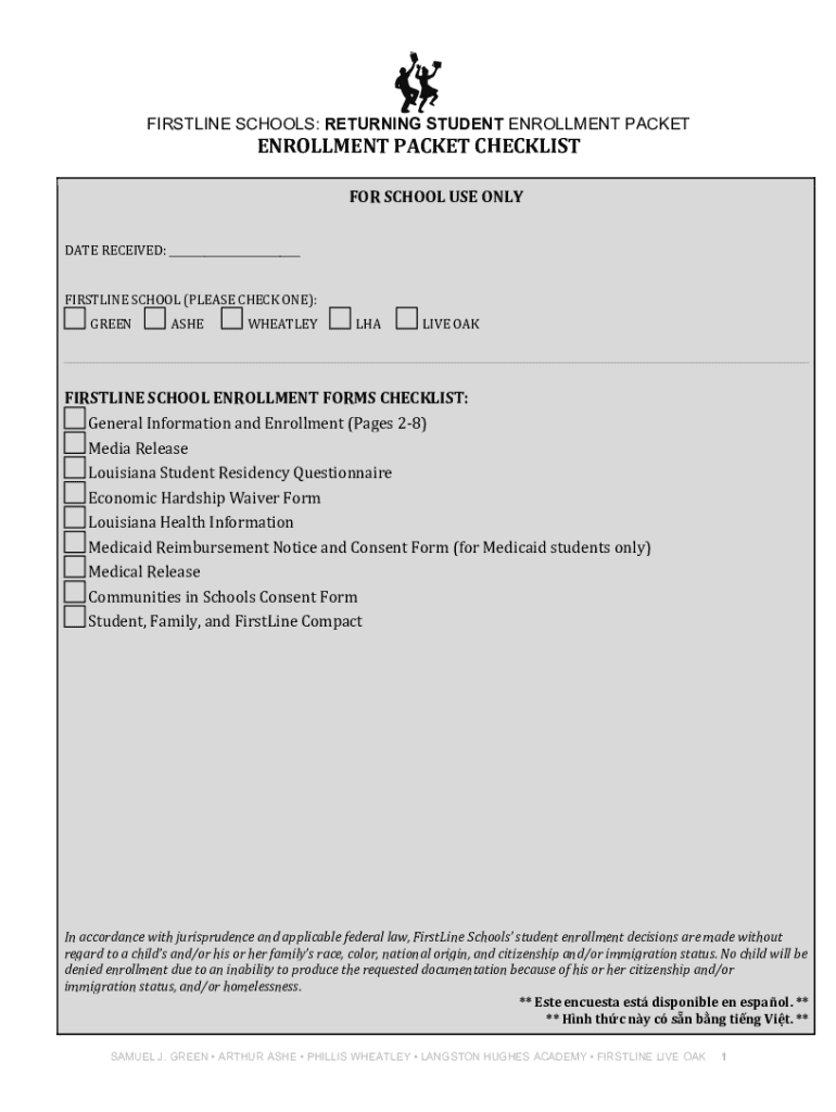 Fillable Online ENROLLMENT PACKET CHECKLIST - FirstLine Schools Fax ...
