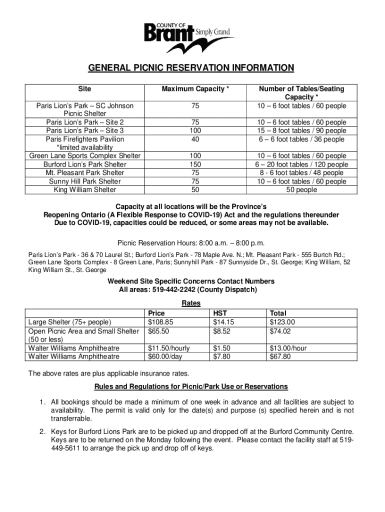 Fillable Online Picnic and Park Reservation Request - Brant County Fax ...
