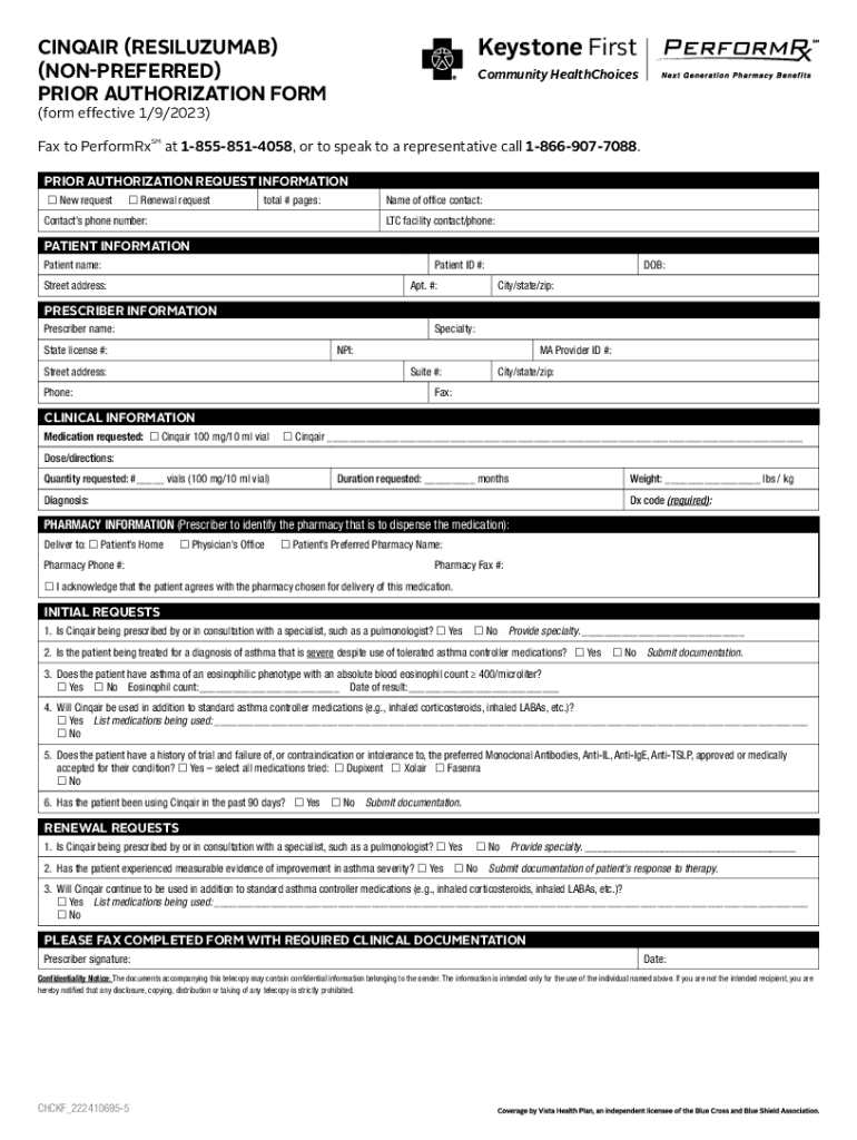 Fillable Online Cinqair Prior Authorization Form - Pharmacy - Keystone ...