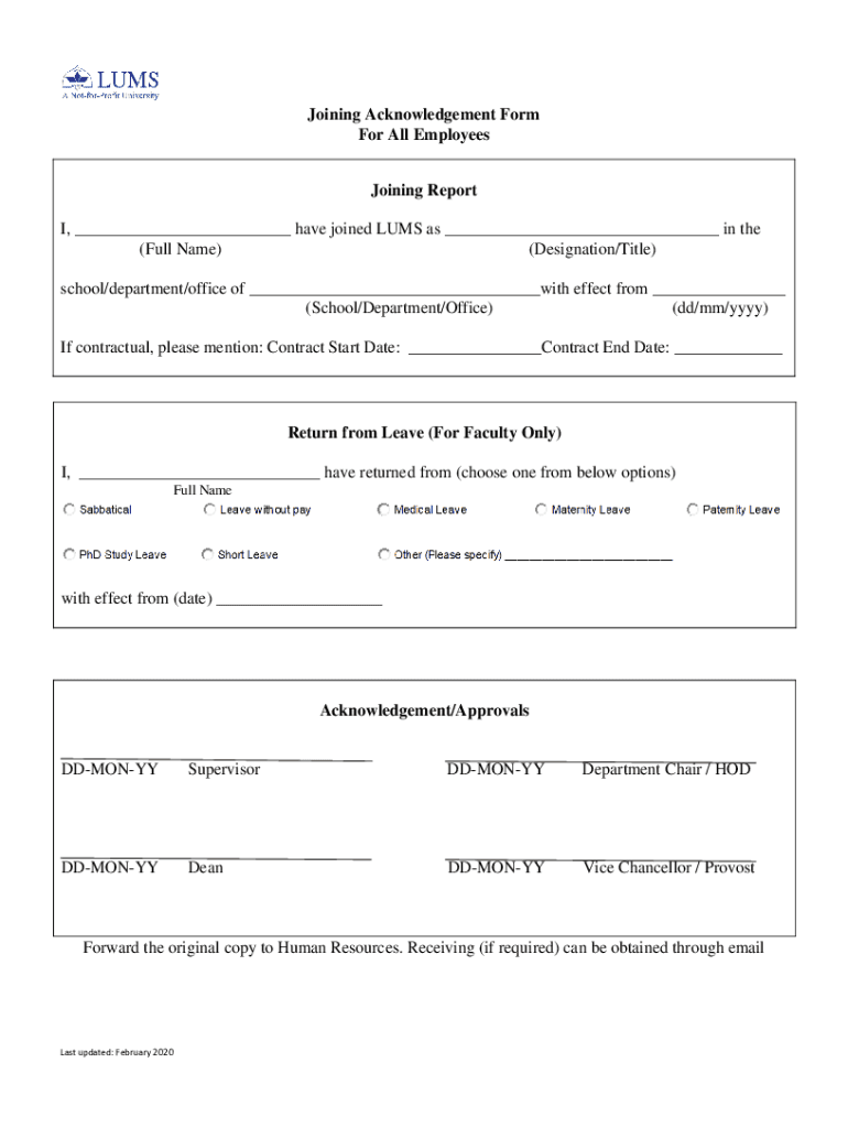 Fillable Online Joining Acknowledgement Form - Human Resources - LUMS Fax Email Print - pdfFiller