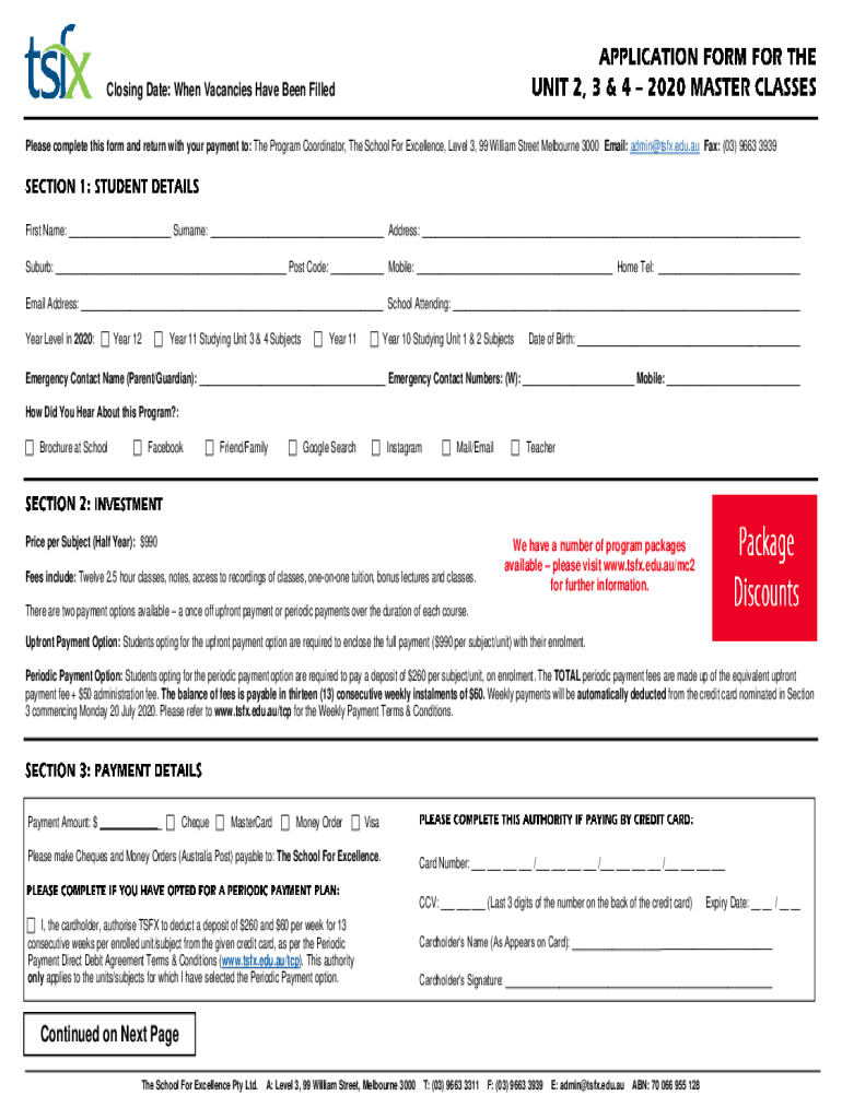 Fillable Online TSFX - Application Form for the Unit 2 & 42020 MASTER CLASSES Fax Email Print ...