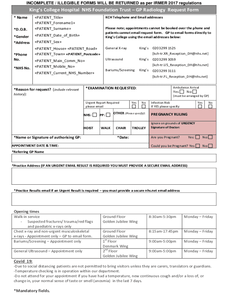 Fillable Online Diagnostic Imaging Request Form Hospital: Fax Email ...