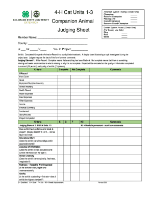 Fillable Online 4-H Cat Units 1-3 Companion Animal Judging Sheet Fax ...