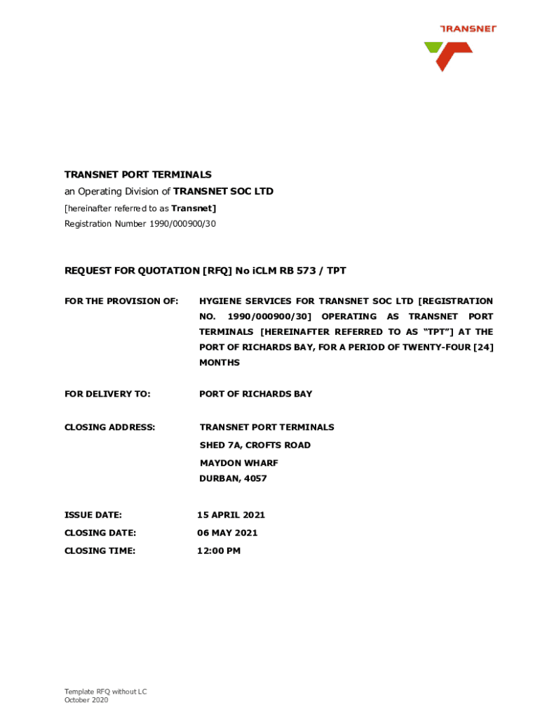Fillable Online Transnet Request for Quotation No iCLM RB 573 / TPT Fax Email Print - pdfFiller
