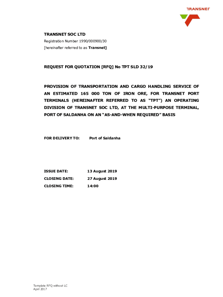 Fillable Online Transnet Request for Quotation No iCLM SD 445/TPT ...
