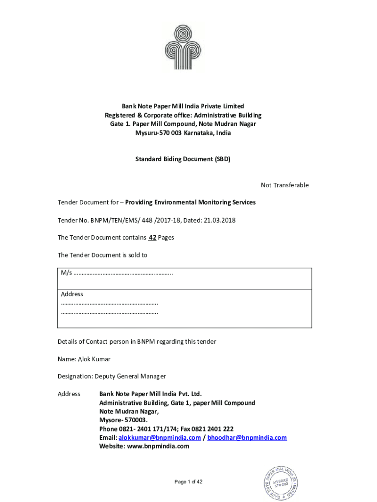 Fillable Online NATIONAL COMPETITIVE BIDDING (NCB): TENDER NO. BNPM ...