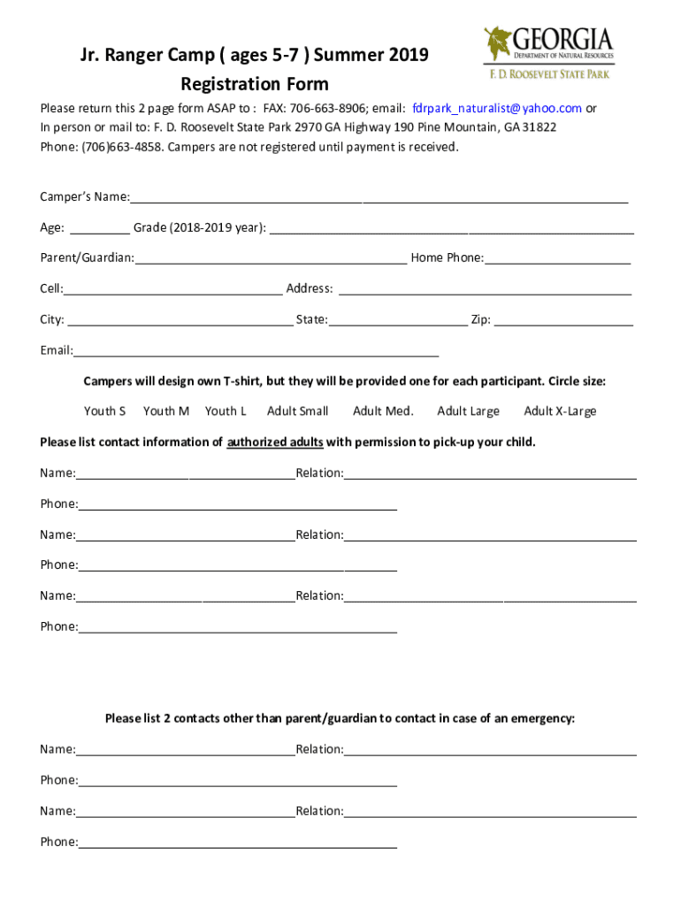 Fillable Online Junior Ranger Summer Camp Ages 5-7 - Georgia State Parks Fax Email Print - pdfFiller