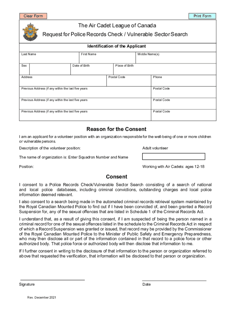 Fillable Online VSS Request Form - Air Cadet League of Canada Fax Email ...