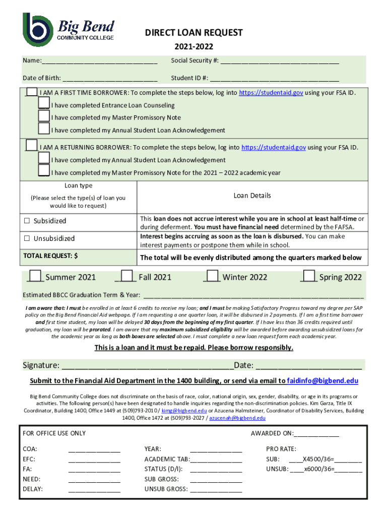 Fillable Online 2021-2022 DIRECT LOAN REQUEST FORM Fax Email Print - pdfFiller