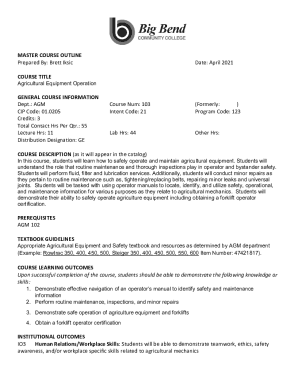 Fillable Online MASTER COURSE OUTLINE Prepared By: Brett Iksic Date Fax Email Print - pdfFiller