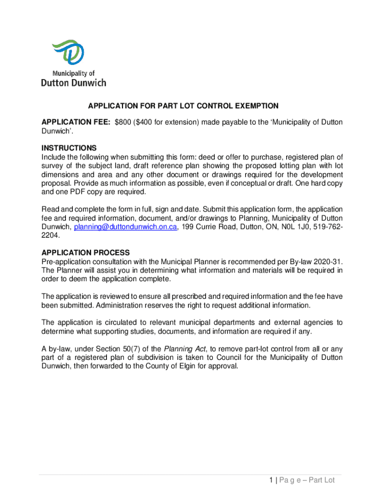 Fillable Online application for part lot control exemption - Dutton ...
