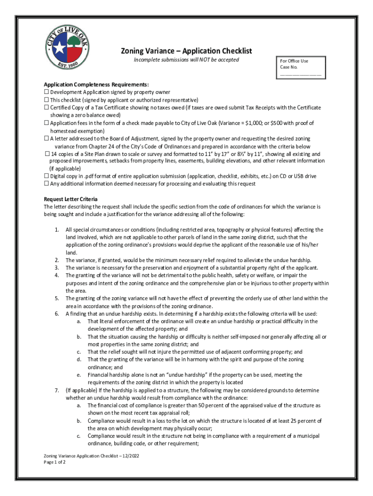 Fillable Online Zoning VarianceApplication Checklist - City of Live Oak ...