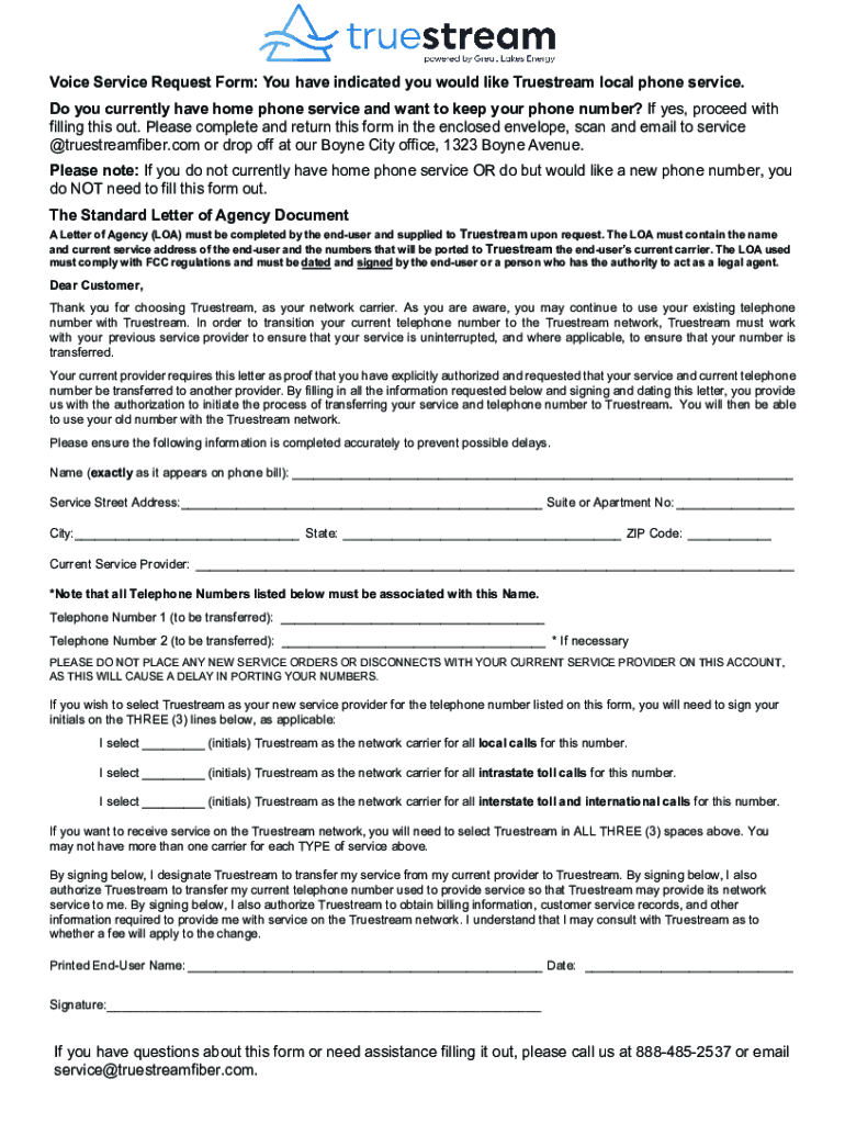 Fillable Online Voice Service Request Form - Truestream Fiber Fax Email Print - pdfFiller