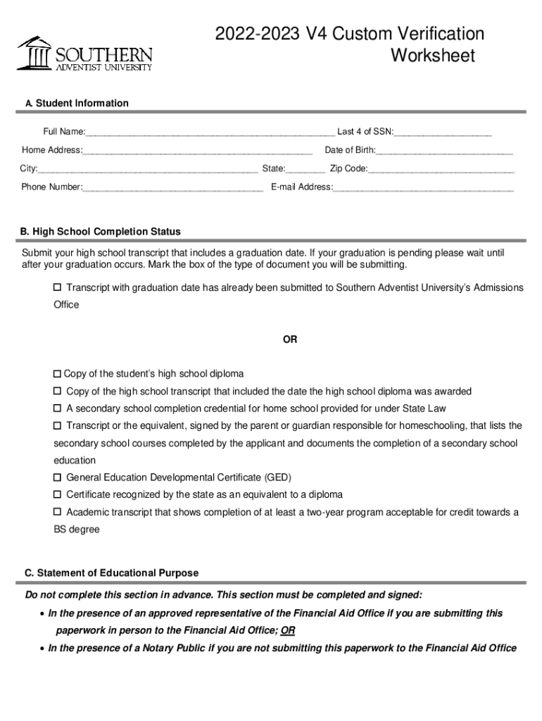 Fillable Online 2022-2023 Custom Verification Worksheet V4-Dependent ... Fax Email Print - pdfFiller