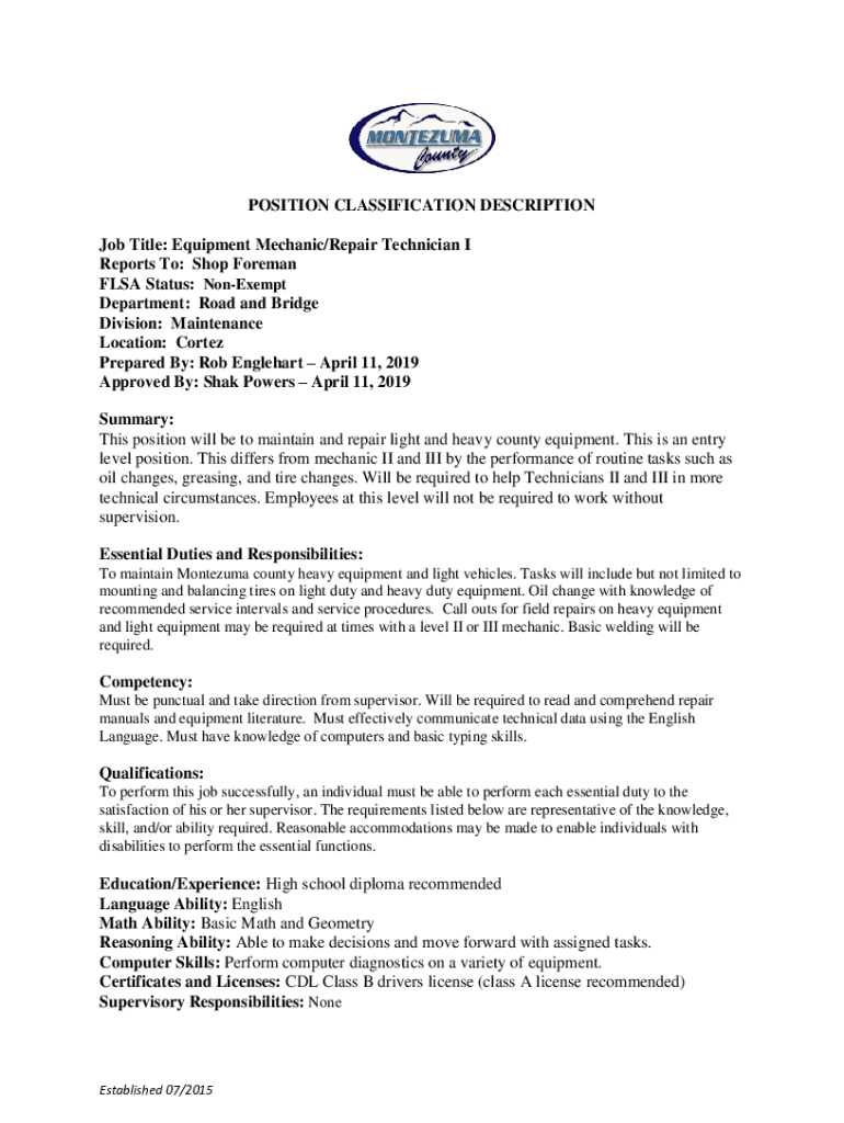 Fillable Online POSITION CLASSIFICATION DESCRIPTION Job Title ...