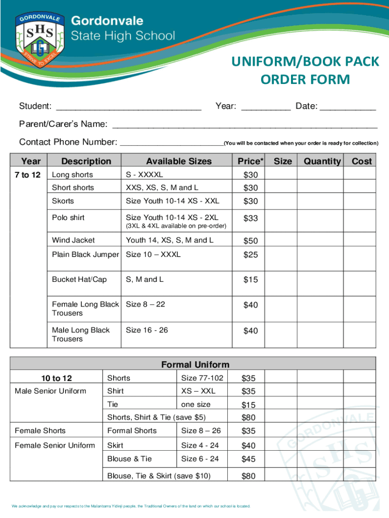 Fillable Online gordonvalehigh eq edu UNIFORM/BOOK PACK ORDER FORM Fax ...