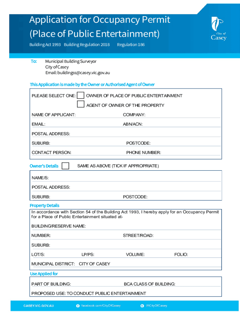 Fillable Online Application for Occupancy Permit (Place of Public ...