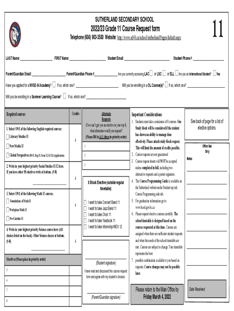 Fillable Online 2022-23 Grade 11 Course Request sheet Fax Email Print ...