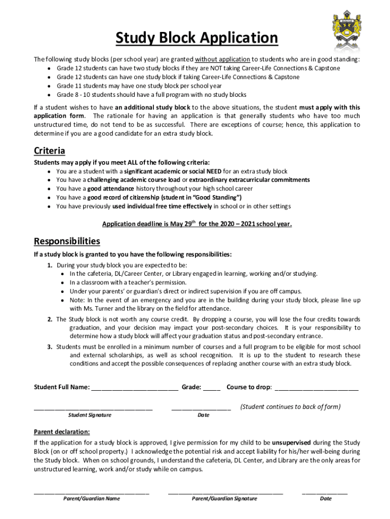 Fillable Online APPLICATION FOR A SECOND STUDY BLOCK Fax Email Print - pdfFiller